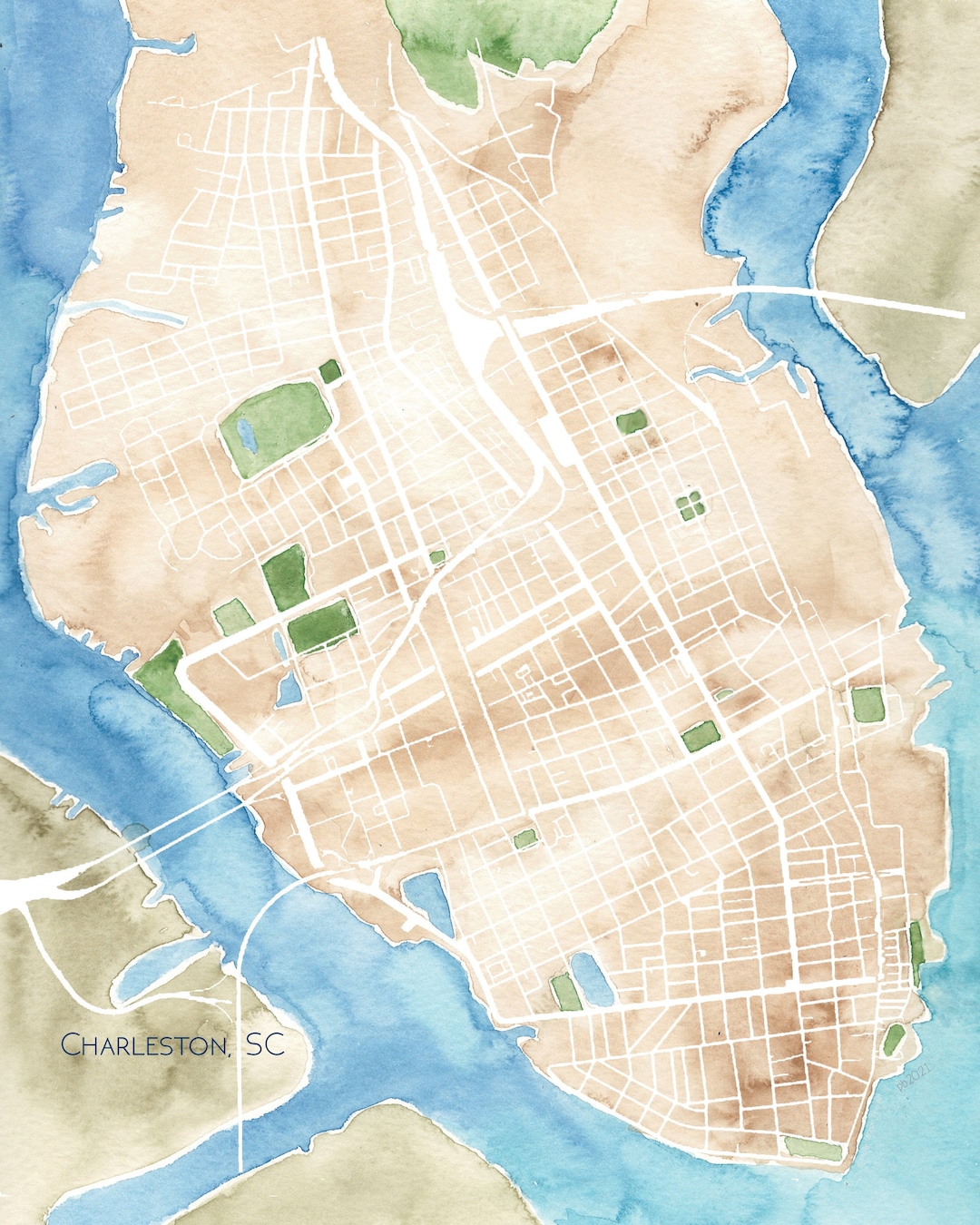 Charleston Streets Watercolor Map - Etsy