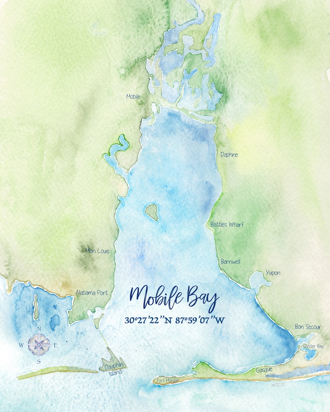 Mobile Bay Watercolor Map 8x10 - Etsy