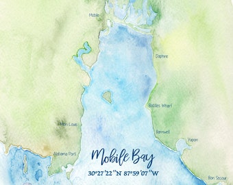 Mobile Bay Watercolor Map 8x10 | Etsy