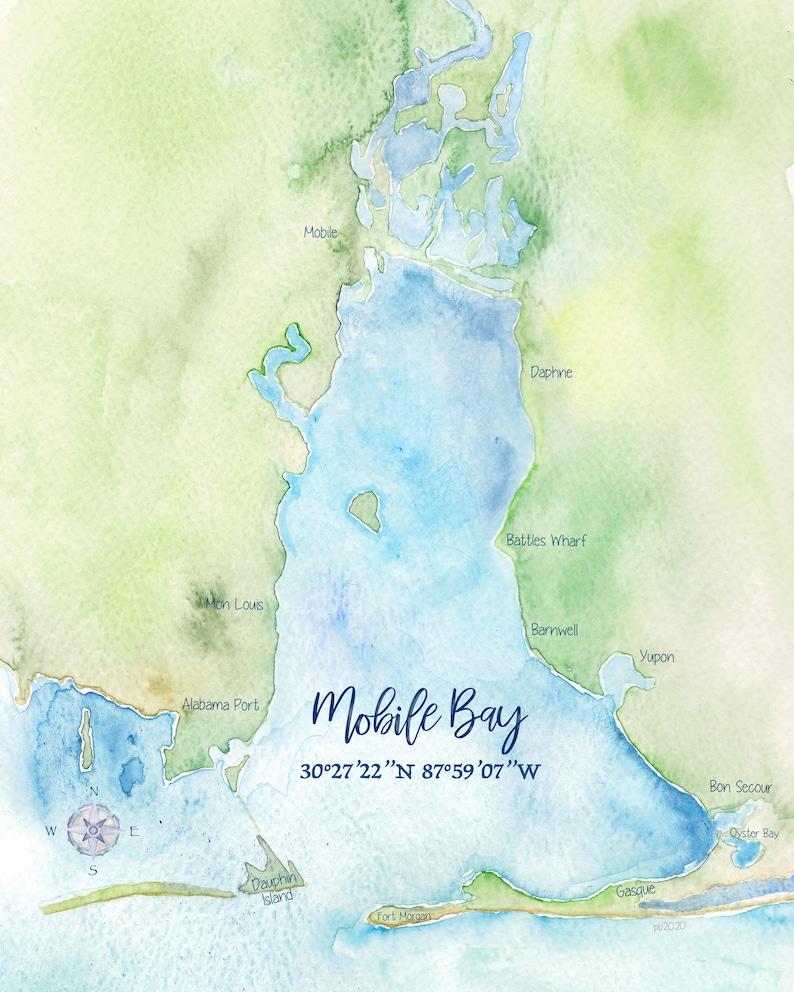 Mobile Bay Watercolor Map 8x10 | Etsy