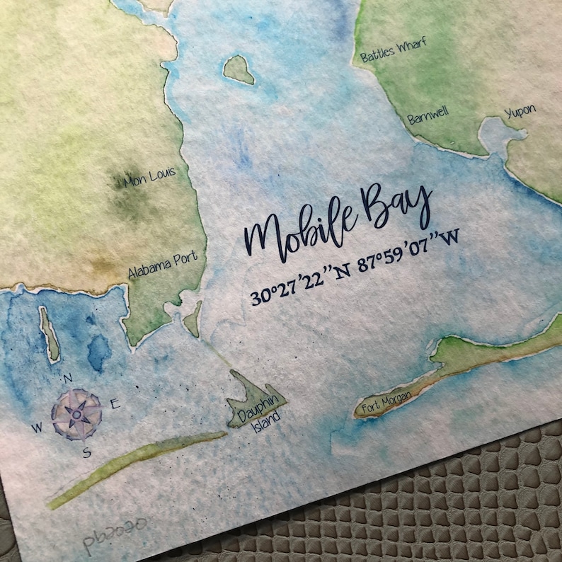 Mobile Bay Watercolor Map 8x10 | Etsy