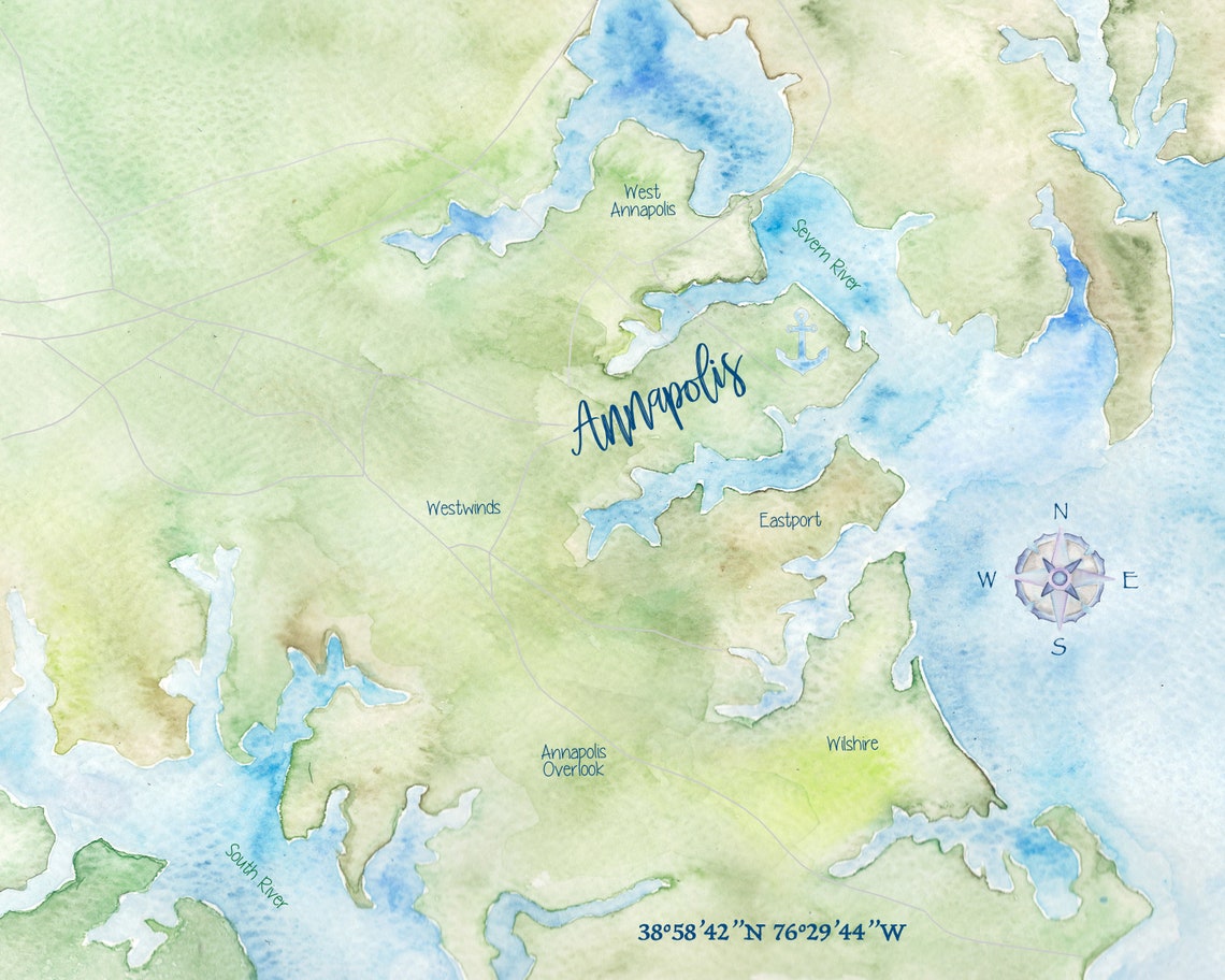 Annapolis MD Watercolor Map - Etsy