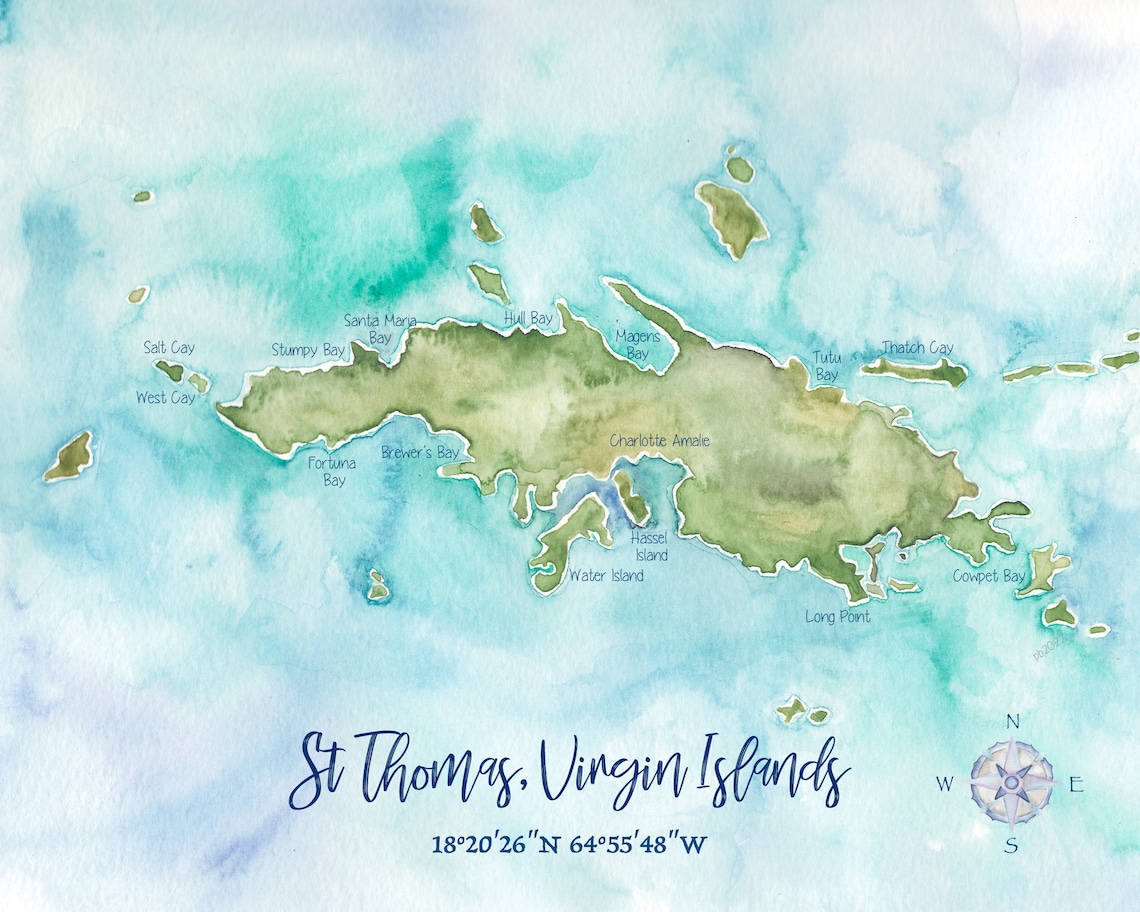 St Thomas Virgin Island Watercolor Map - Etsy