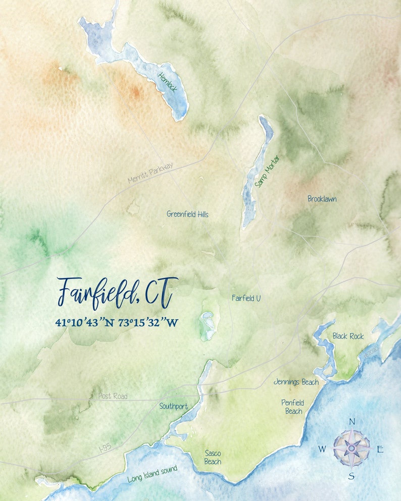 Fairfield CT Watercolor Map - Etsy