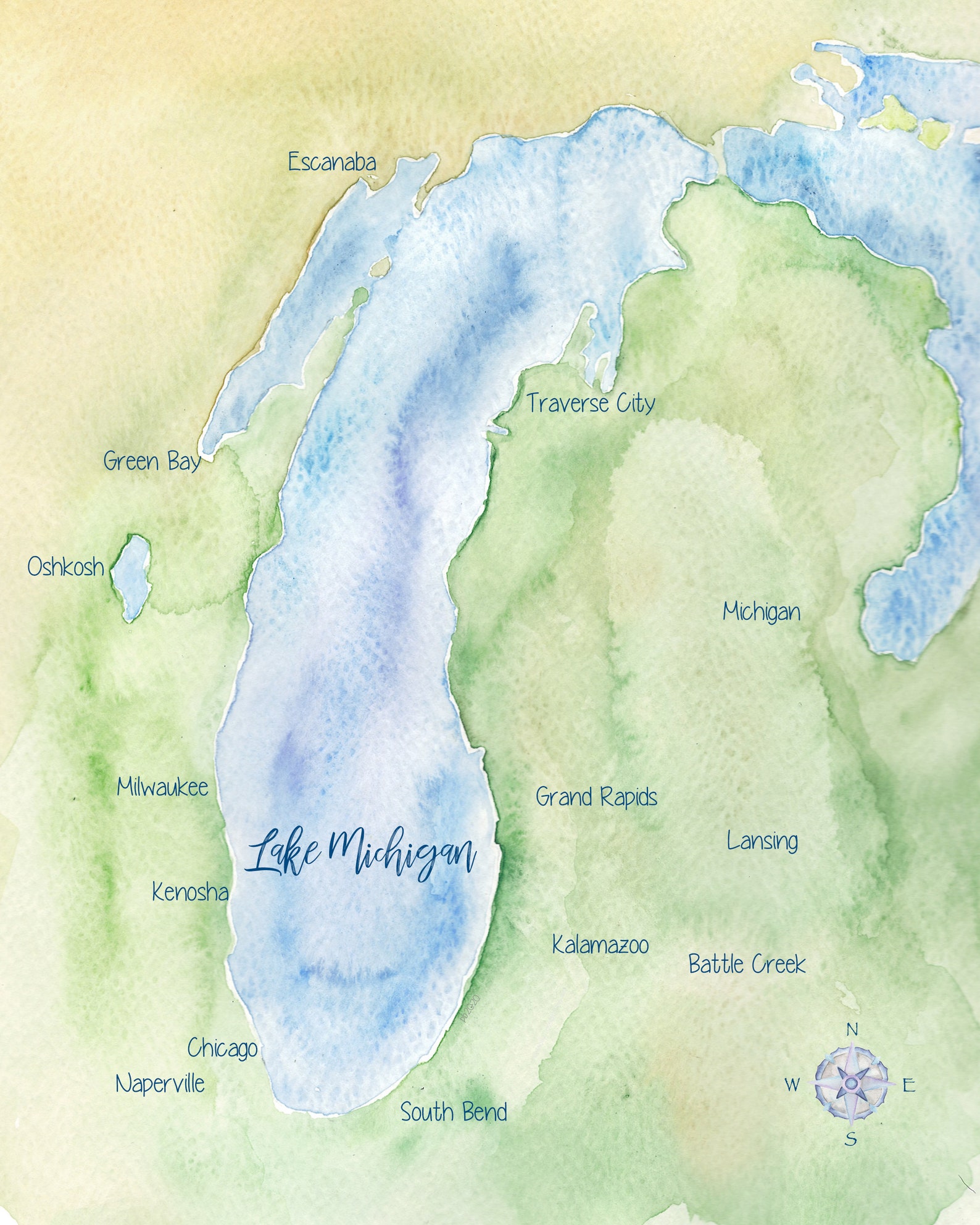 Lake Michigan Watercolor Map - Etsy