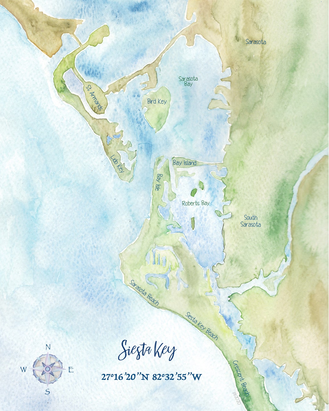Siesta Key FL Watercolor Map - Etsy
