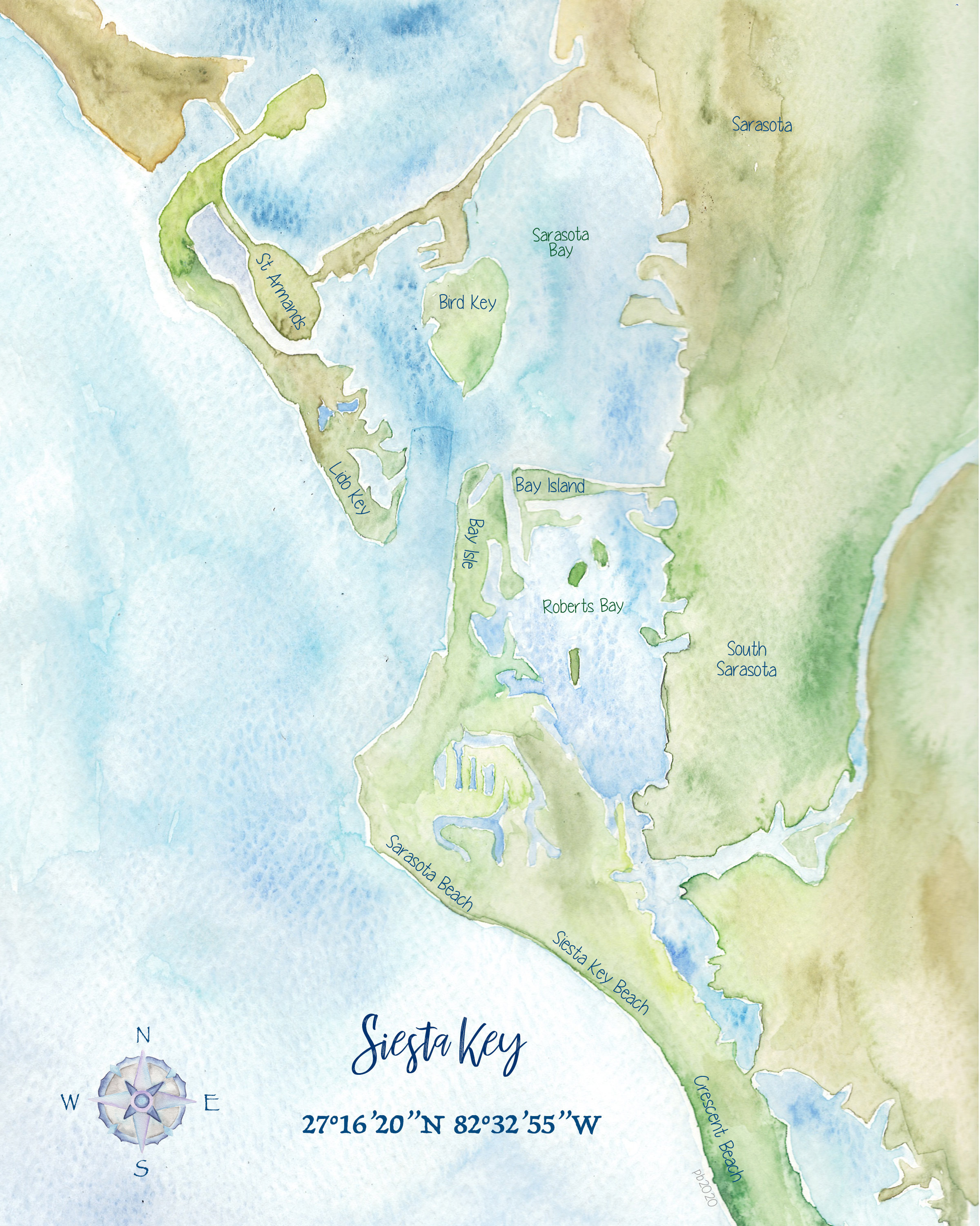 Siesta Key FL Watercolor Map - Etsy