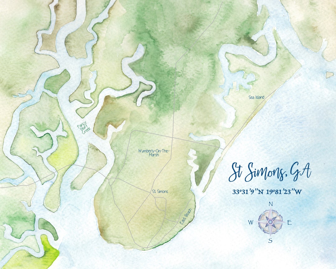 St Simons Island Watercolor Map - Etsy