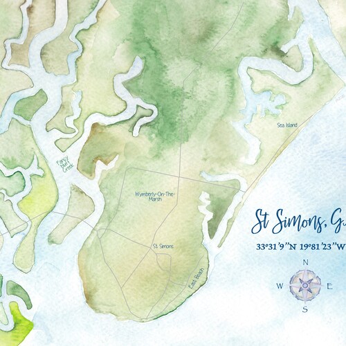 St Simons Island Watercolor Map - Etsy