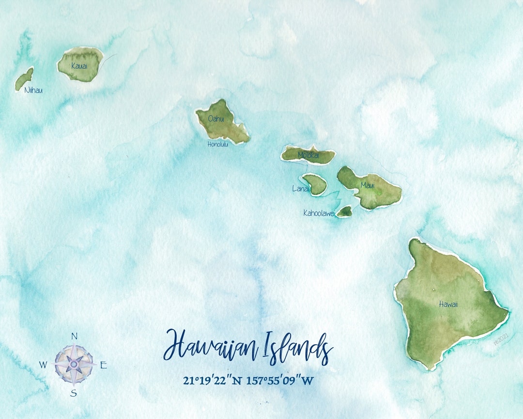 Hawaiian Islands Watercolor Map - Etsy