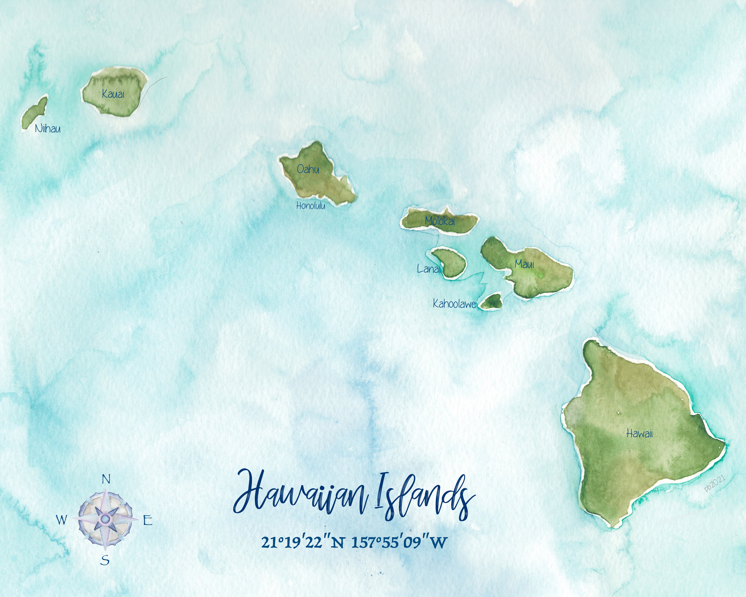 Hawaiian Islands Watercolor Map | Etsy