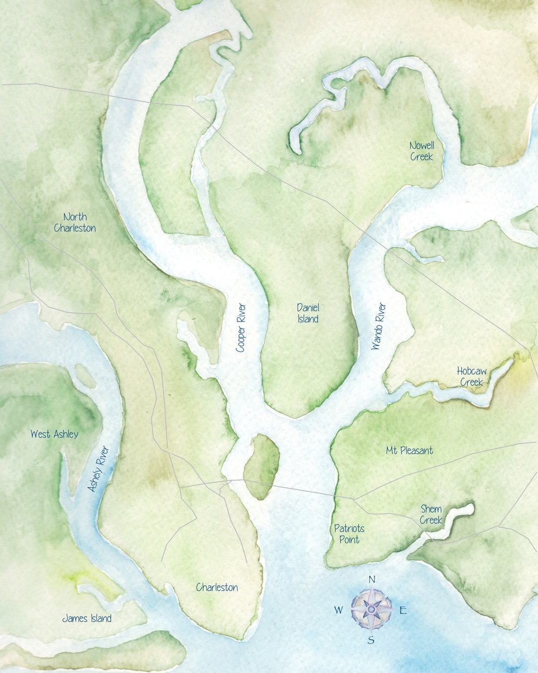 Daniel Island & Charleston Watercolor Map - Etsy