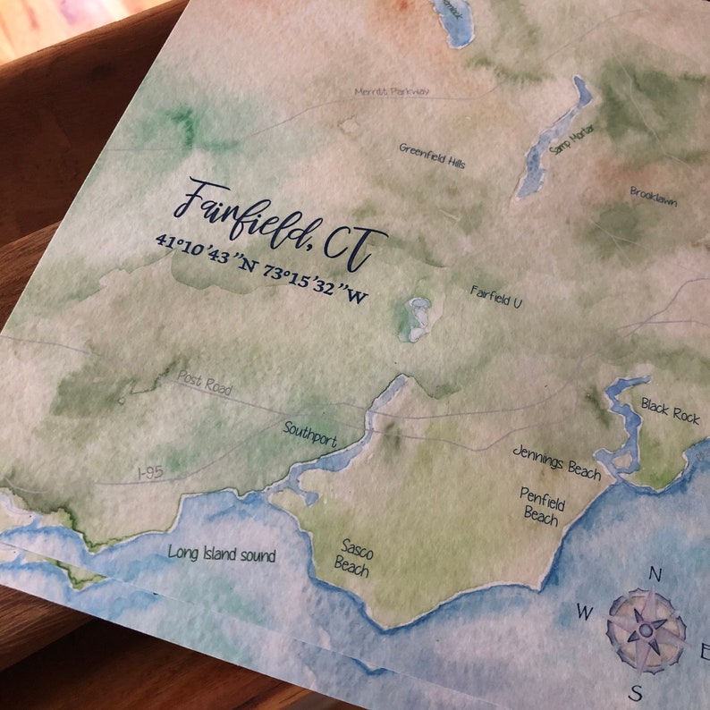 Fairfield CT Watercolor Map - Etsy