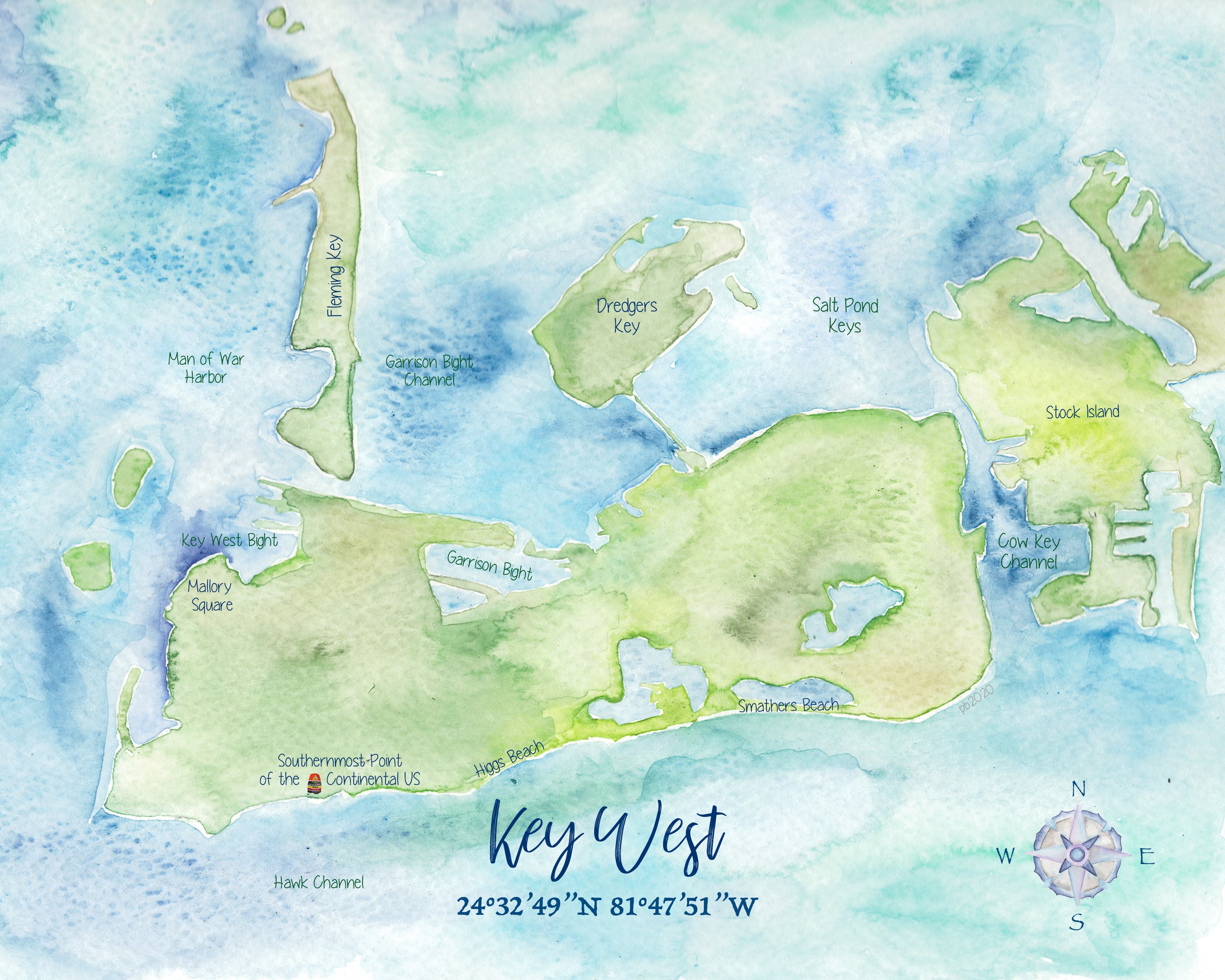 Key West FL Watercolor Map - Etsy