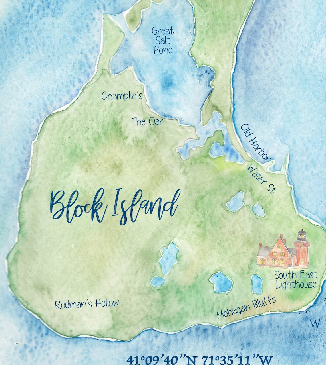 Block Island Watercolor Map 8x10 - Etsy