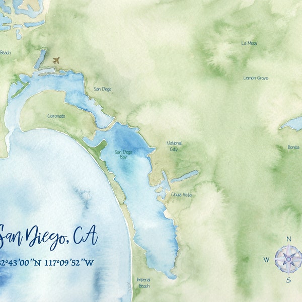 Watercolor Map of San Diego - Etsy