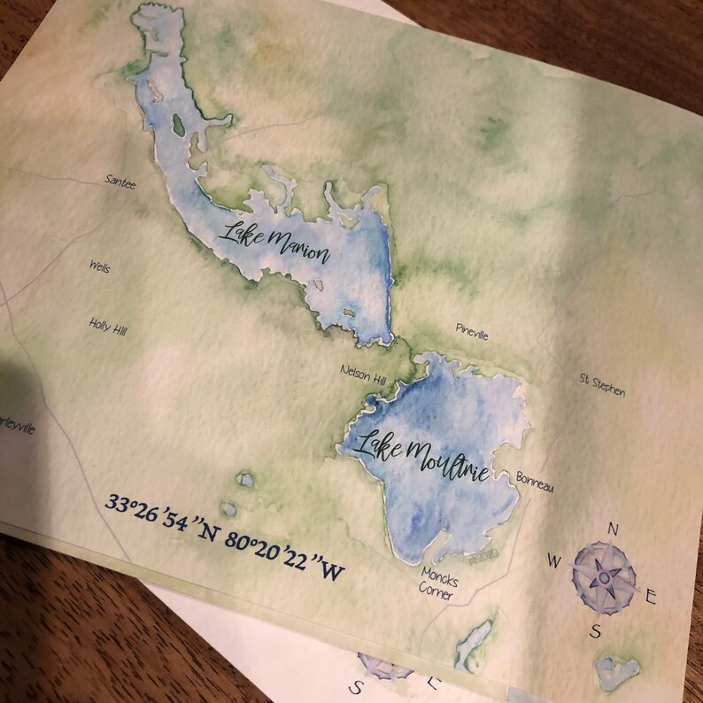 Lake Marion Lake Moultrie Watercolor Map | Etsy
