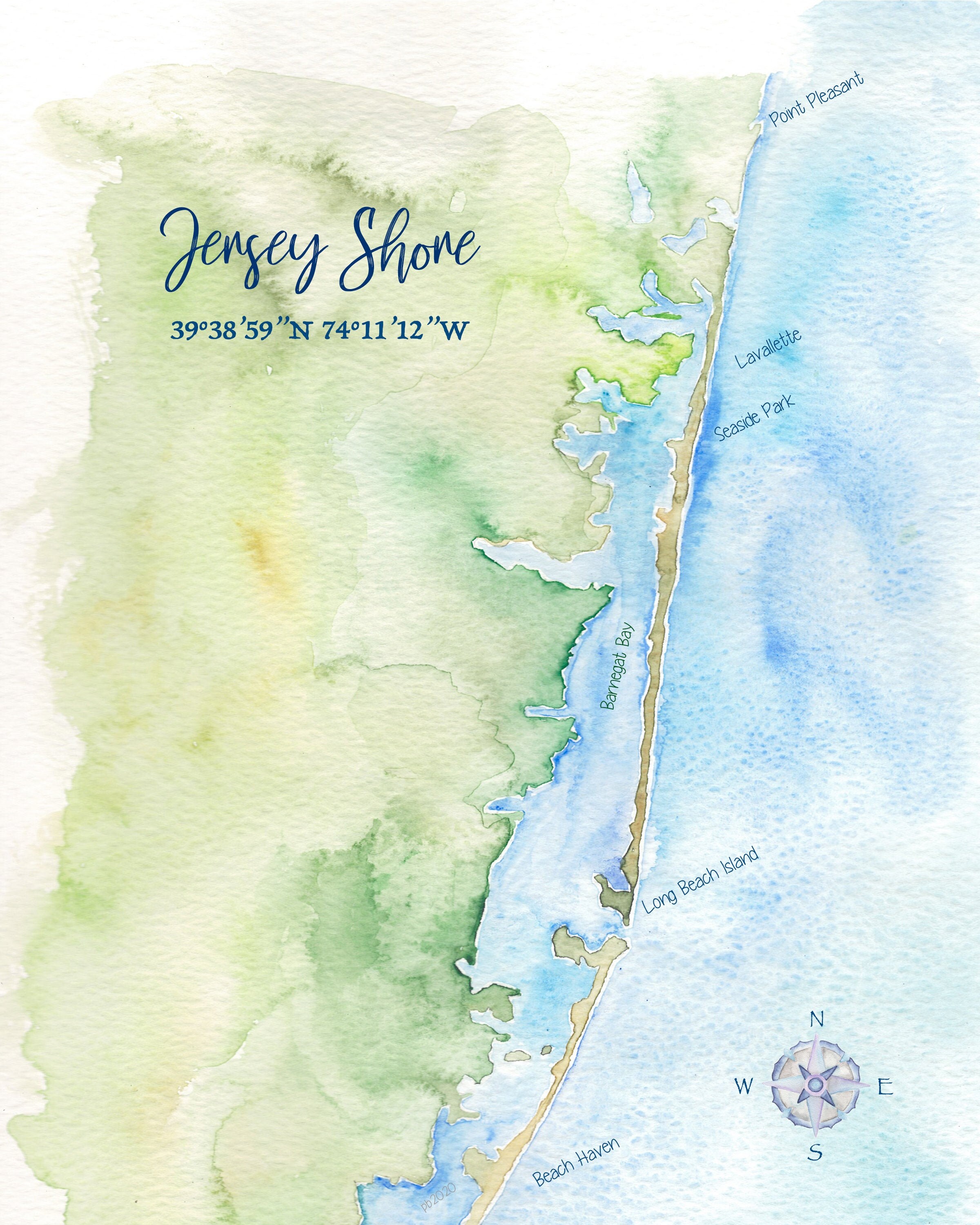 Jersey Shore Watercolor Map 8x10 | Etsy