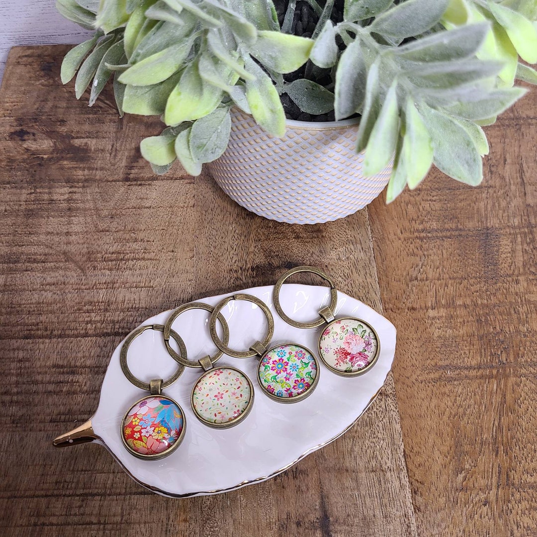 Cabochon Keychains Multicolored Floral Patterns Antique Silver ...