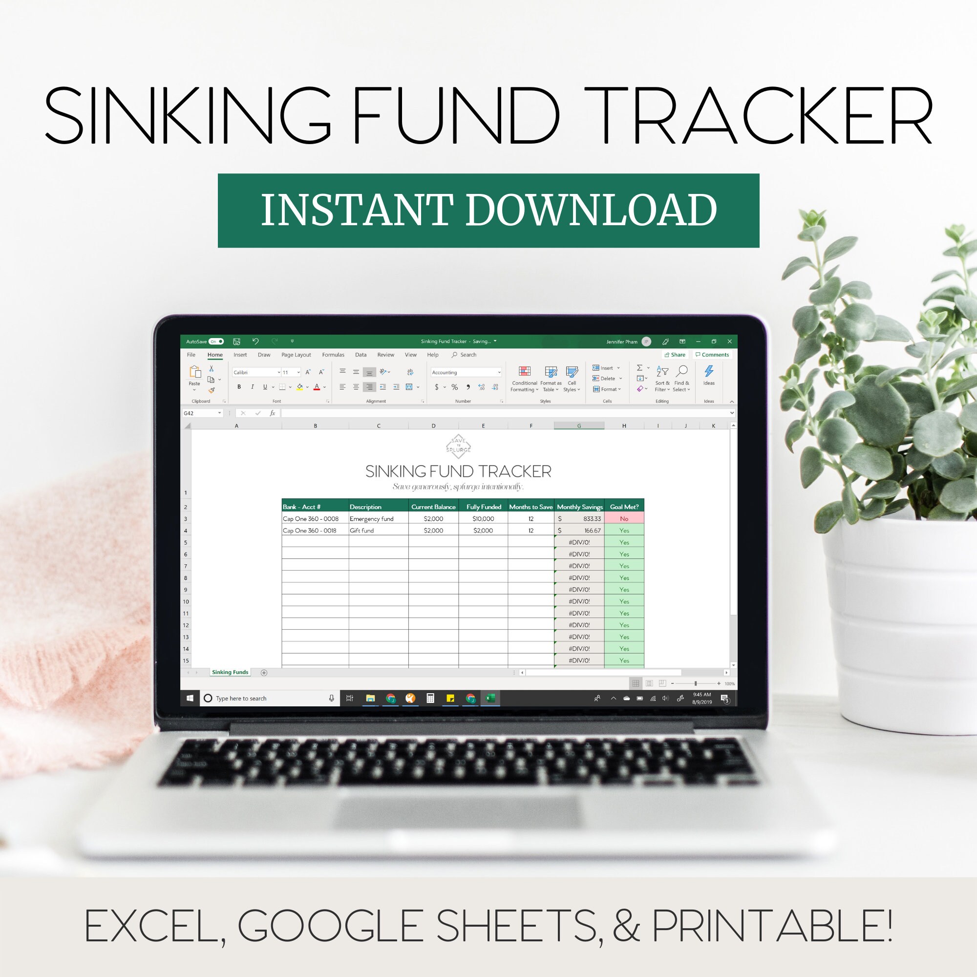 Sinking Funds Tracker Excel Google Sheets Printable - Etsy