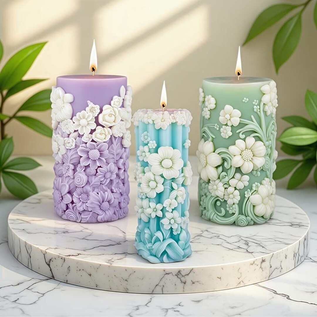 Cylinder Flower Candle Silicone Mold-flower Pillar Candle Mold-embossed ...