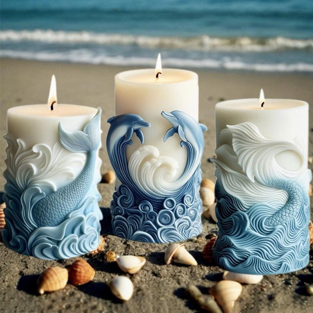 Ocean Pillar Candle Silicone Mold-embossed Dolphin Mermaid Candle Mold ...