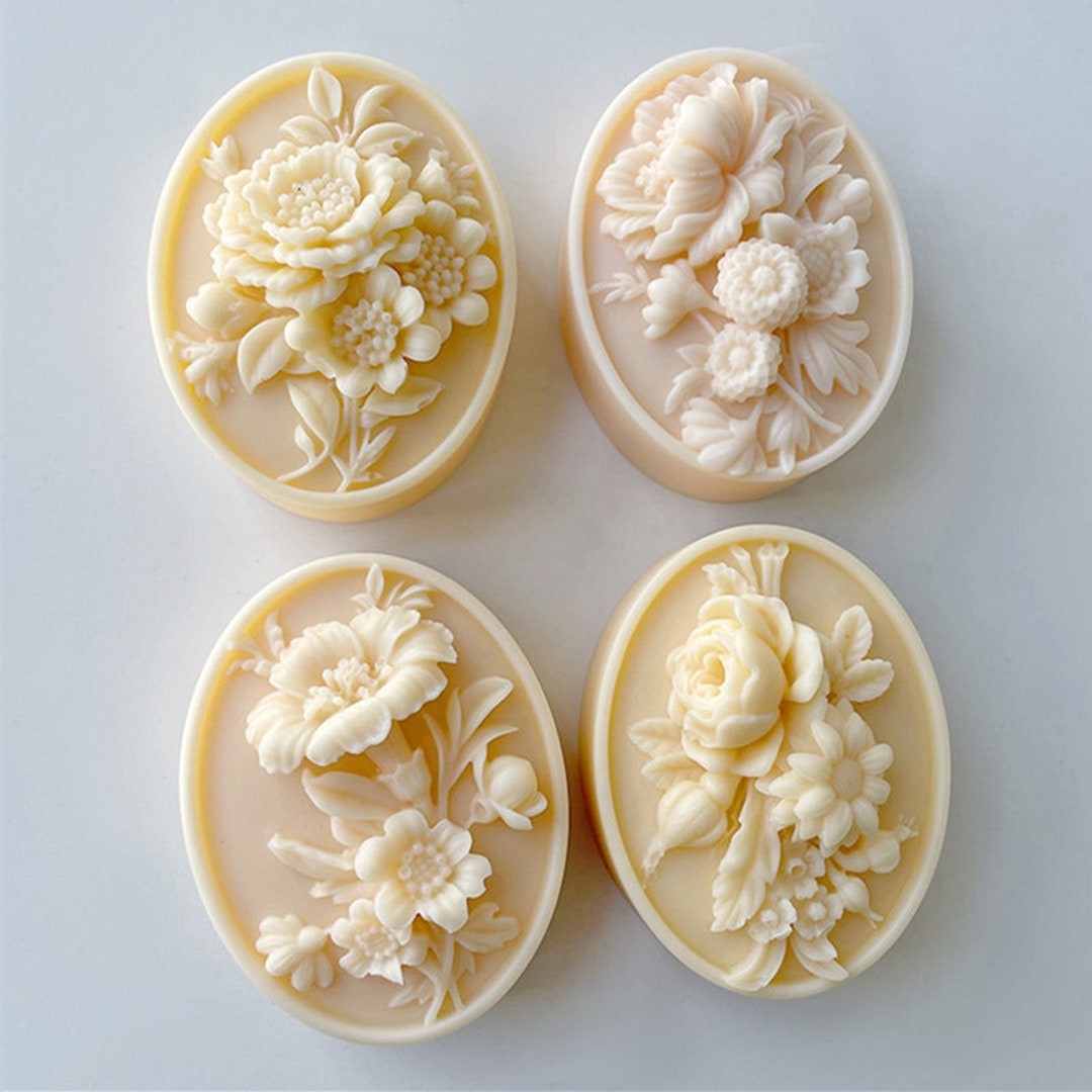 4 Styles Flower Soap Silicone Mold-oval Relief Flowers Soap Mold ...