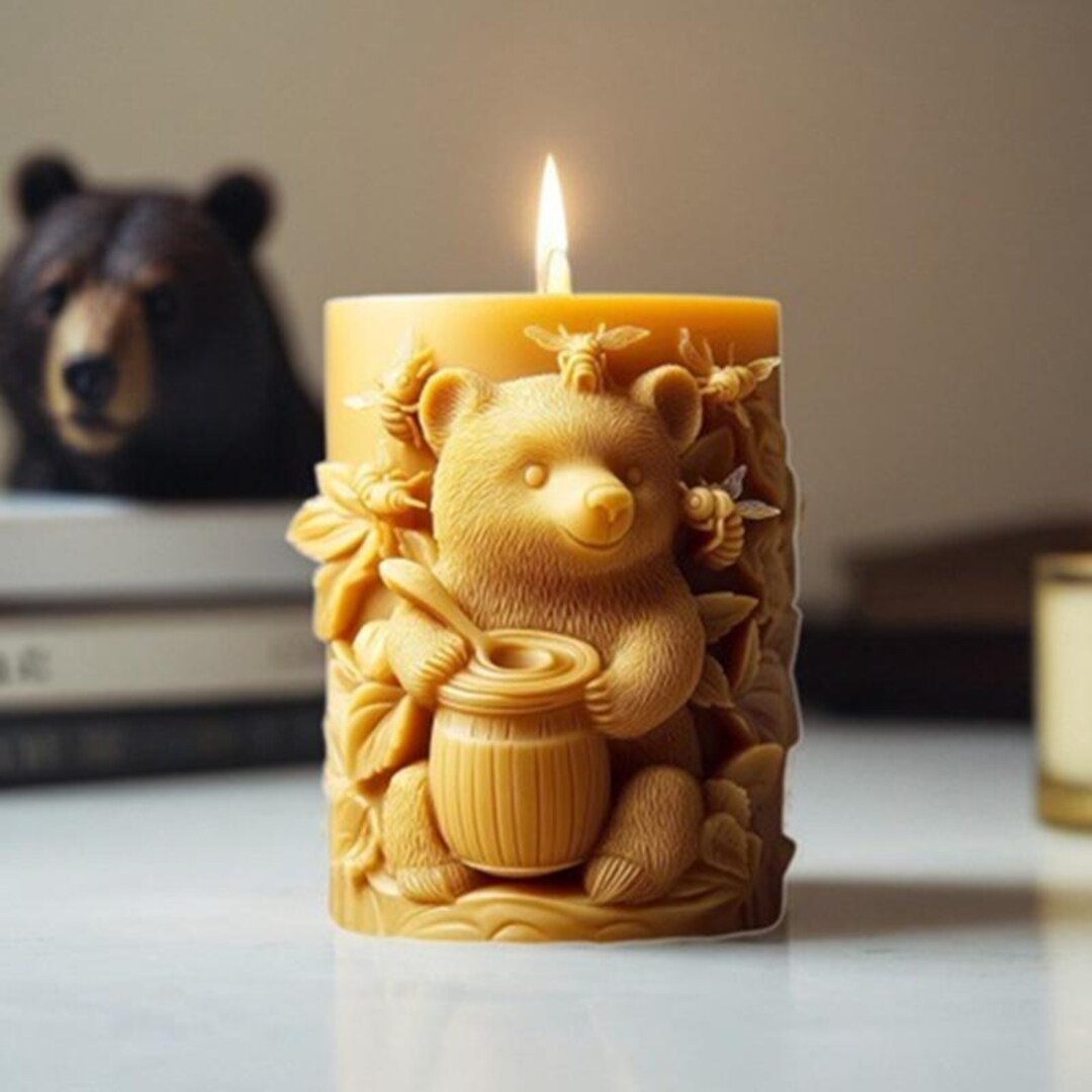 Bear Pillar Candle Silicone Mold-cute Bee Bear Candle Mold-honey Jar Candle Mold-embossed Bear ...