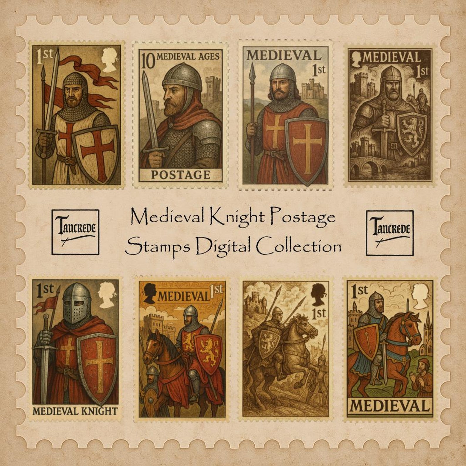 Medieval Knight Postage Stamps Digital Collection - 16 Unique Designs ...