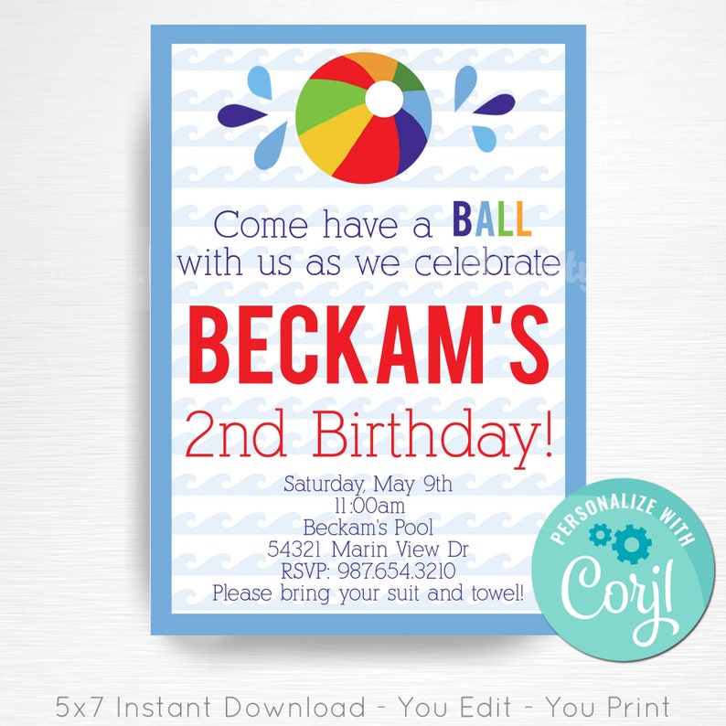 Primary Beach Ball Birthday Party Printable Invitation YOU Edit and YOU ...