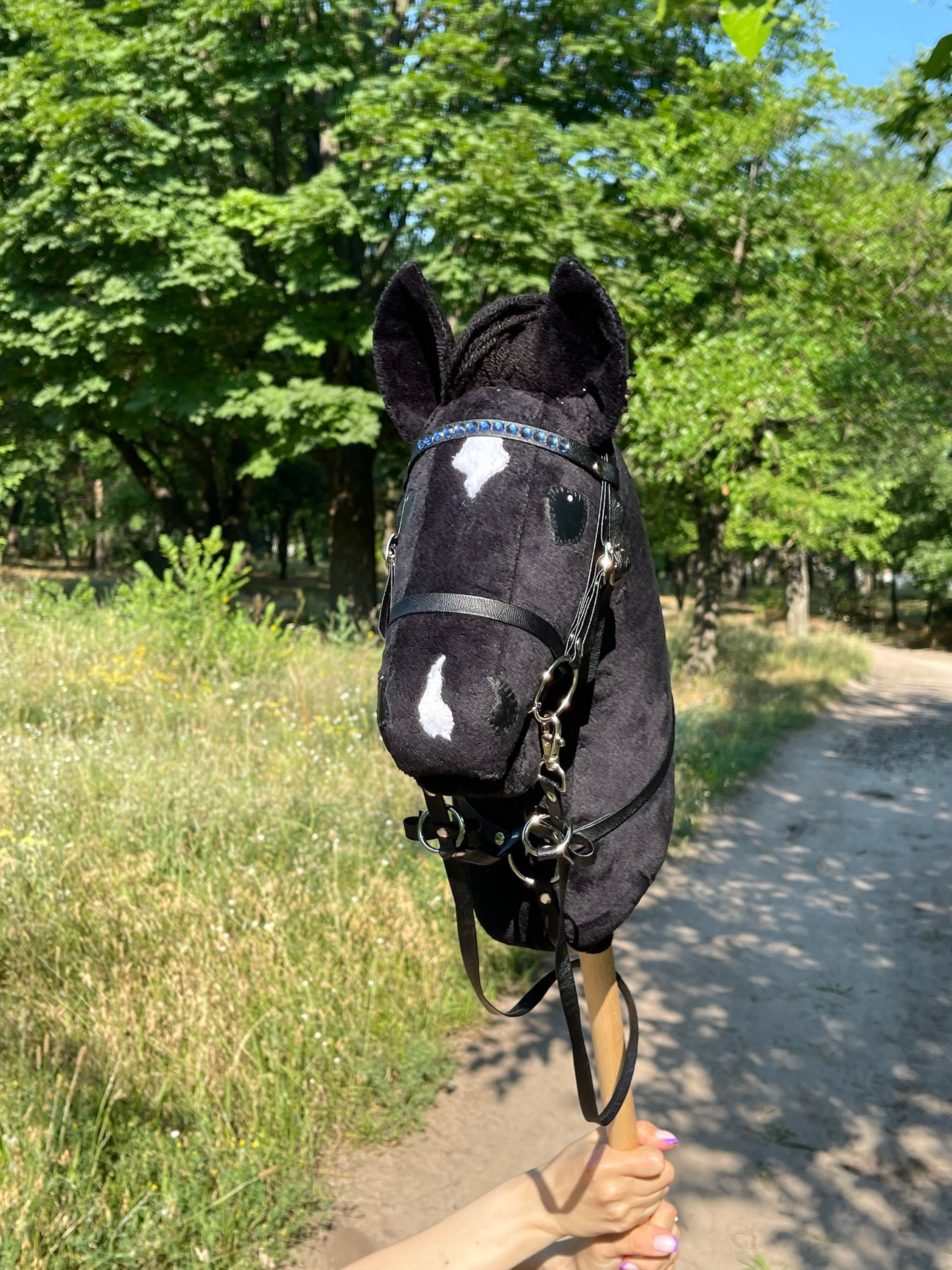 Black hobby horse with beautiful bridle and martingale stick | Etsy