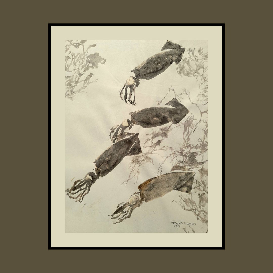 Original Gyotaku - Fish Print - Squid and Seaweed - Etsy