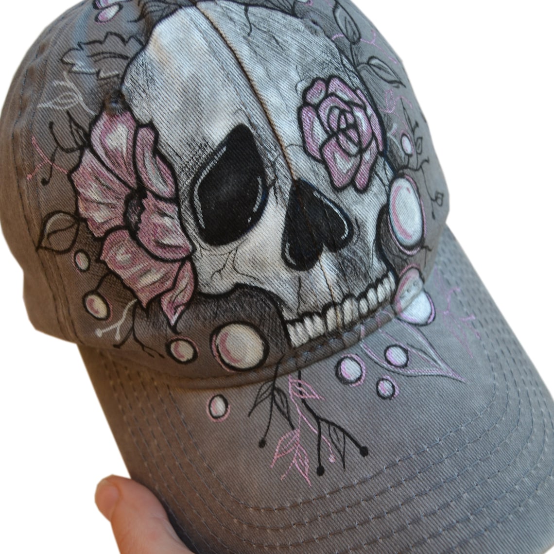 Hand Painted Skull Baseball Hat, Skull and Roses Sketch, Trucker Hat ...