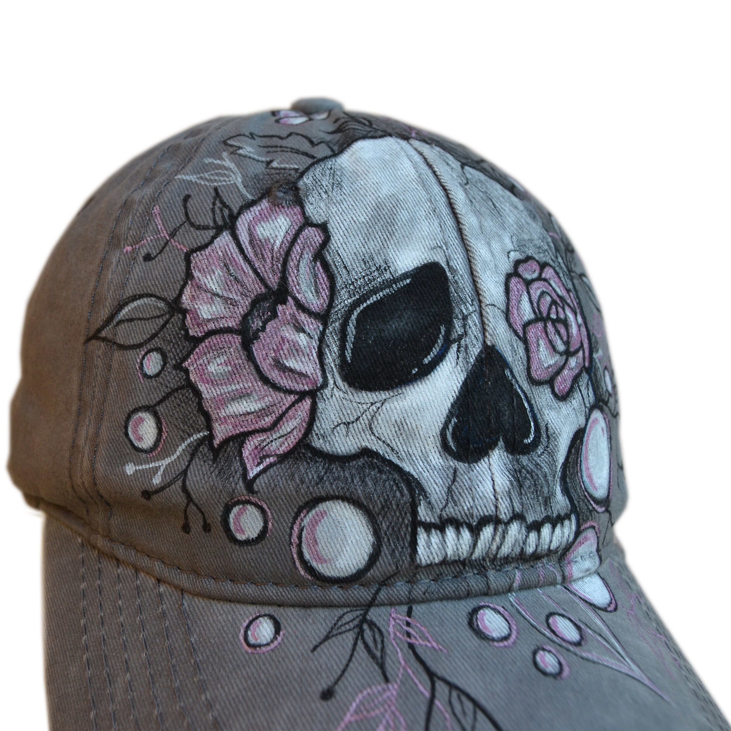 Hand Painted Skull Baseball Hat, Skull and Roses Sketch, Trucker Hat ...
