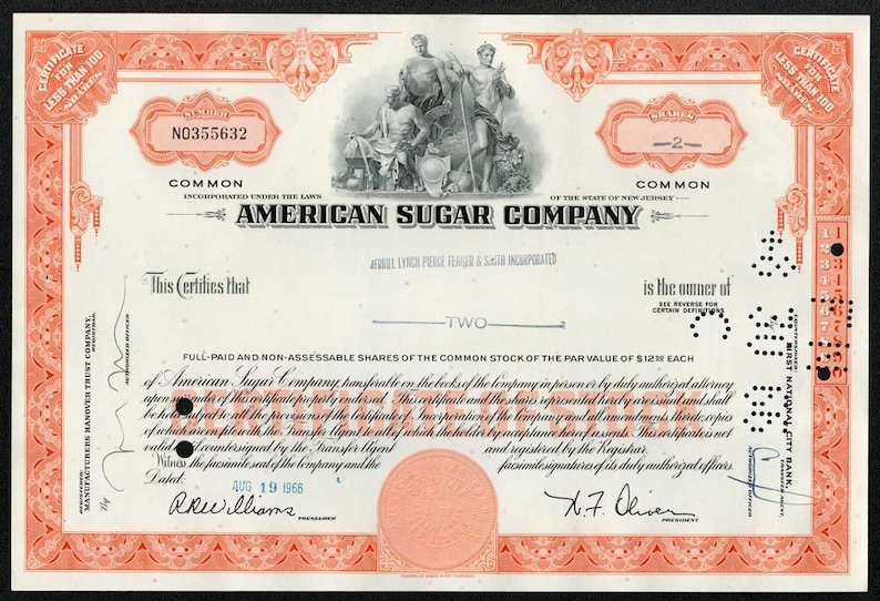 American Sugar Company Stock Certificate - Original Dow Member - Now ...