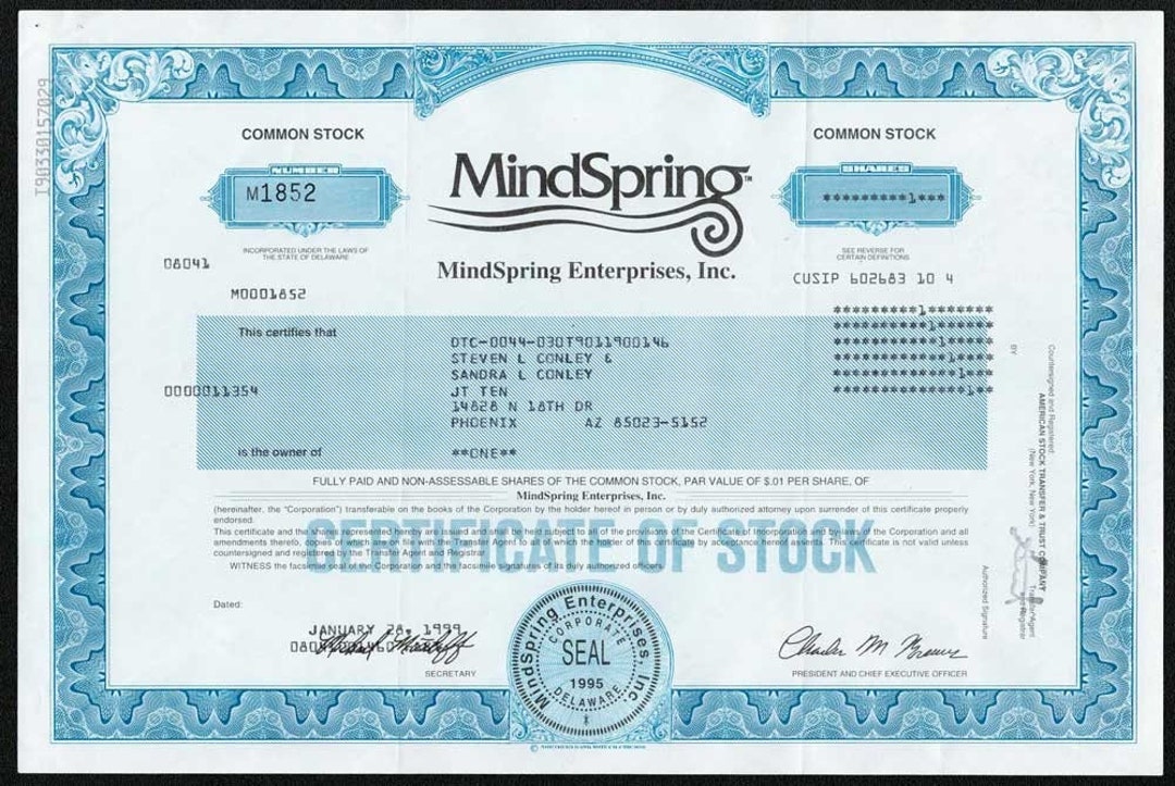 Mindspring Stock Certificate - Rare - One of the First Internet Service ...