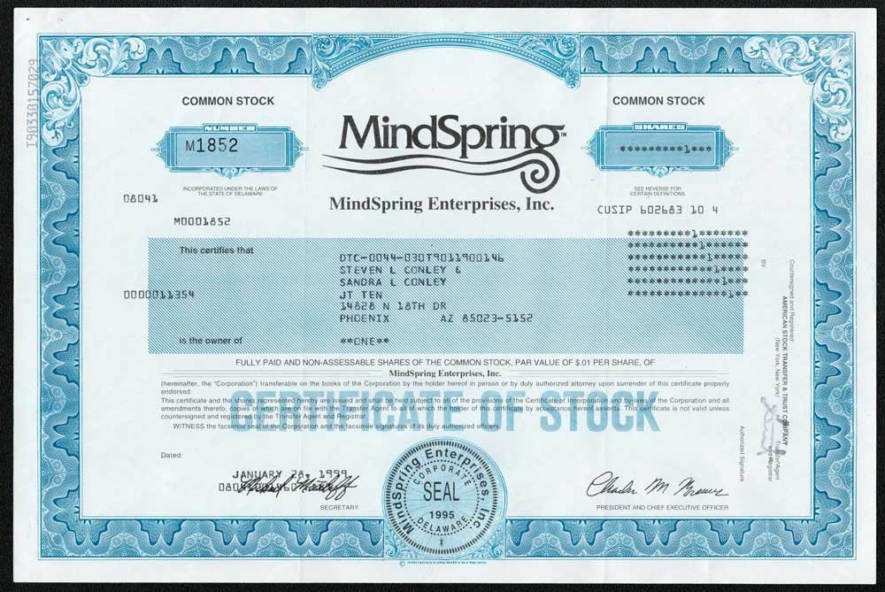 Mindspring Stock Certificate - Rare - One of the First Internet Service ...