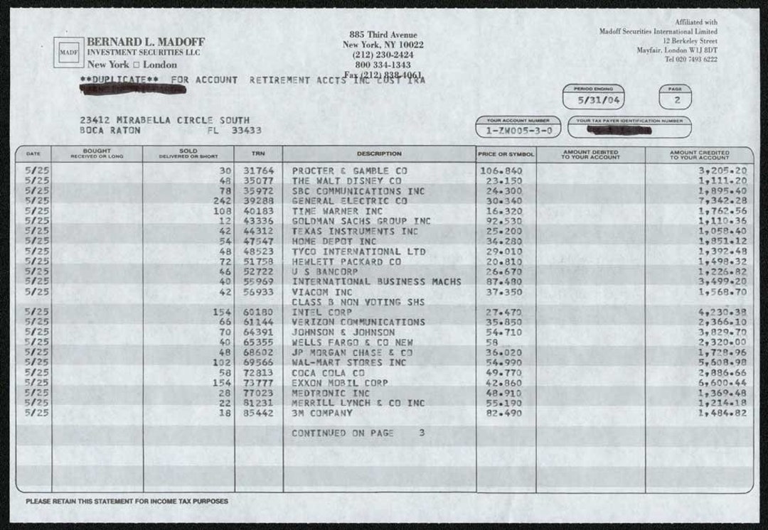 Bernie Madoff Account Statement - 2004 - Bernard L Madoff Investment Securities LLC - Etsy