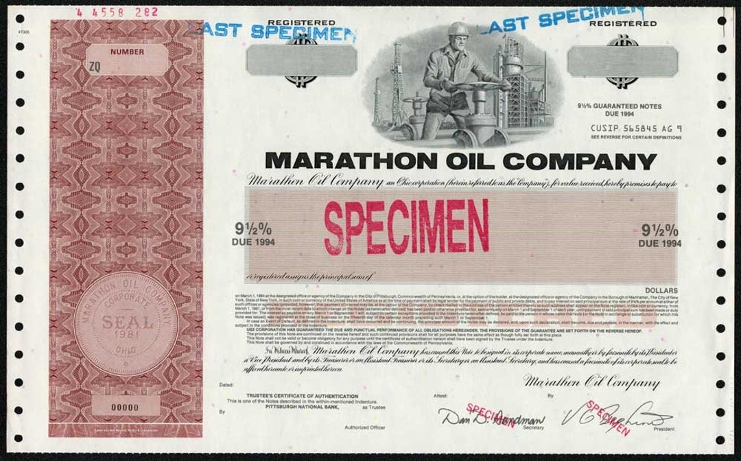 Marathon Oil Specimen Note Certificate - 1987 - Etsy