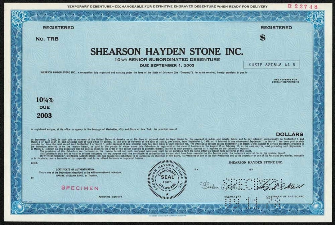 Shearson Hayden Stone Specimen Bond Certificate - 1978 - Now Morgan ...