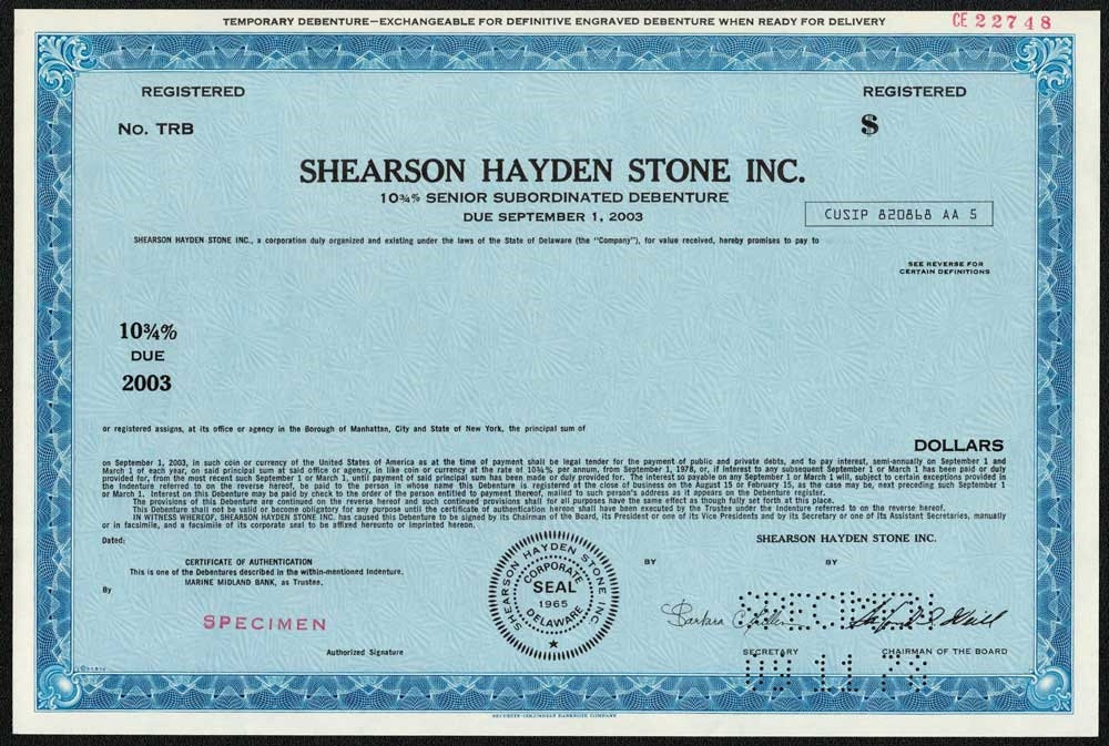 Shearson Hayden Stone Specimen Bond Certificate - 1978 - Now Morgan ...