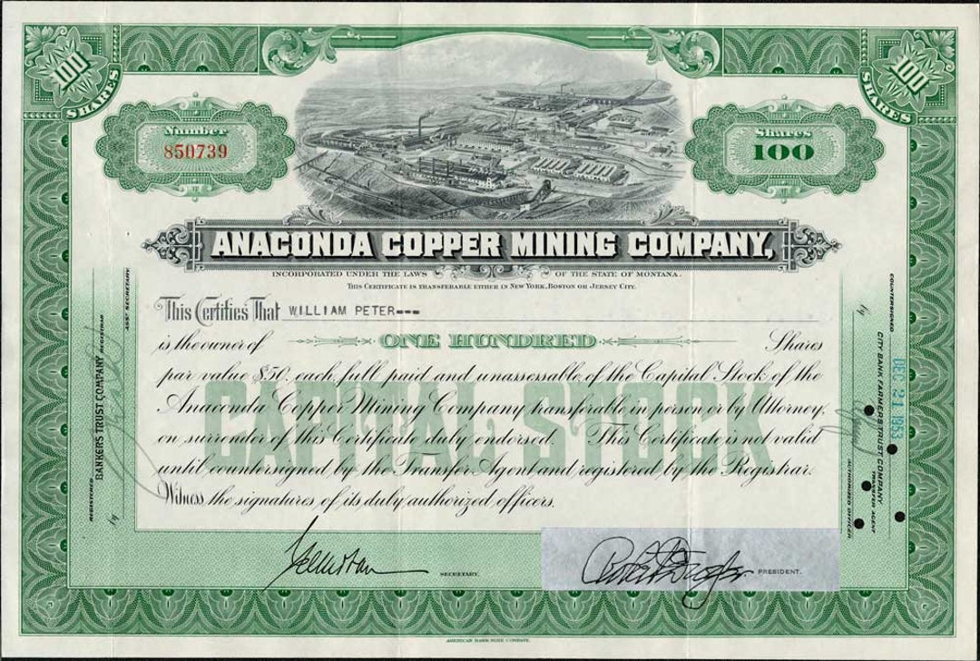 The Anaconda Company Stock Certificate - Mining Company - Etsy