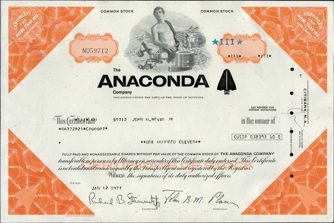 The Anaconda Company Stock Certificate - 1970s - Mining Company - Etsy