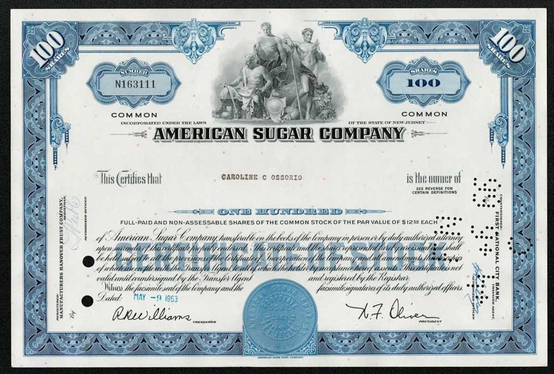 American Sugar Company Stock Certificate - Original Dow Member - Now ...