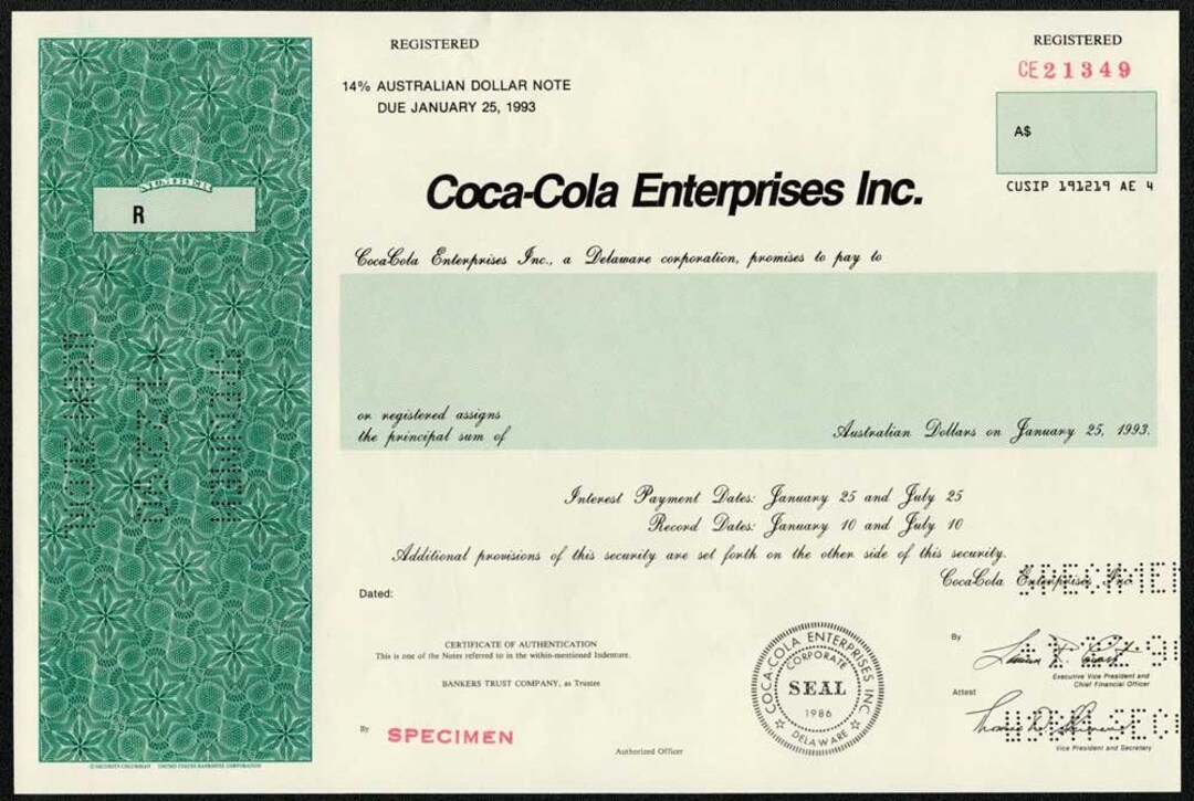 Coca Cola Enterprises Specimen Bond Certificate - Etsy