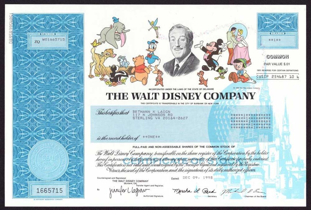 The Walt Disney Company Stock Certificate - Etsy