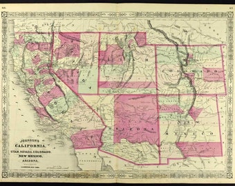 1864 Johnson Map of California, Colorado, New Mexico, Arizona, Nevada ...