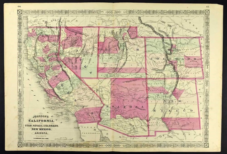 Johnson's Antique Map of California & Western Territories - 1866 / Utah ...