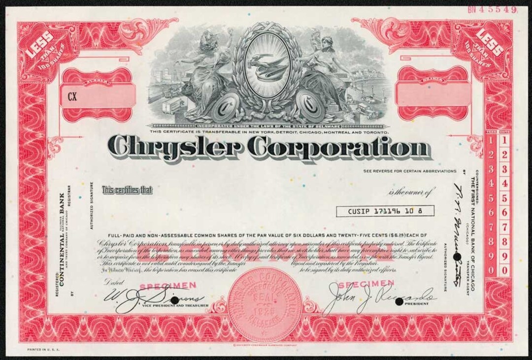 Chrysler Corporation Specimen Stock Certificate - Etsy