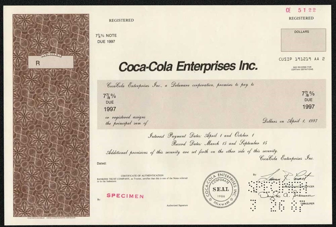 Coca Cola Enterprises Specimen Bond Certificate - 1987 - Etsy